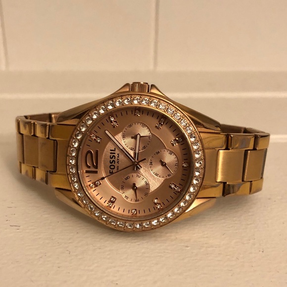 Fossil | Jewelry | Fossil Rosegold Riley Rhinestones Womens Watch ...